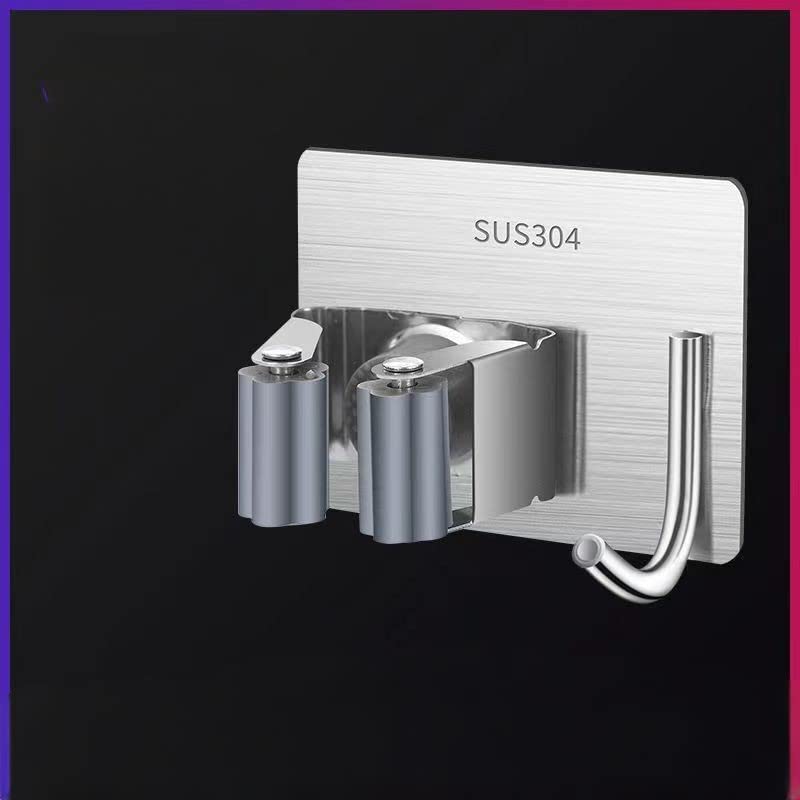 Non perforated stainless steel mop rack Toilet wall mounted broom mop door rear storage bathroom mop clip hanger