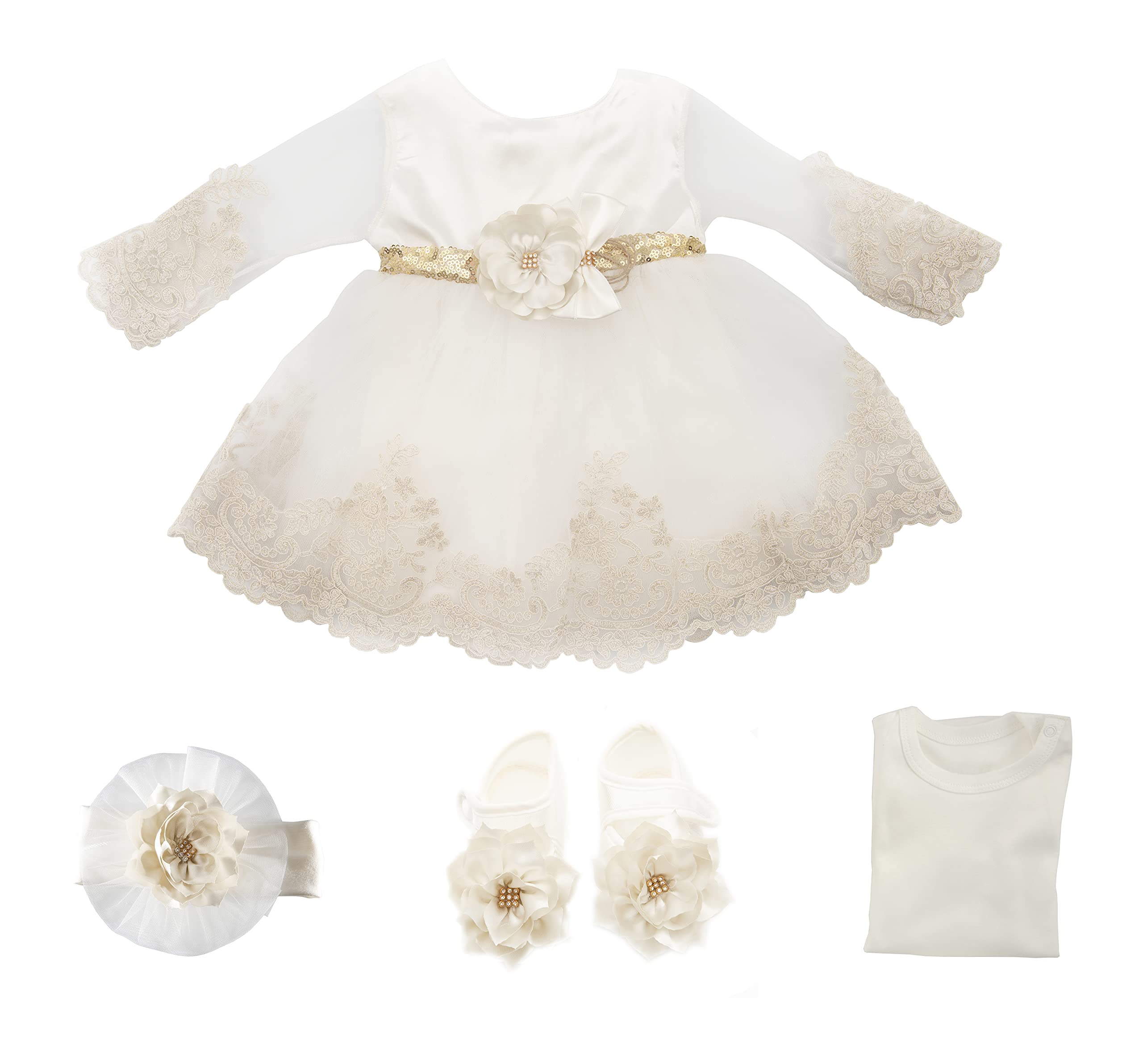 Newborn Baby Girl Lace Dress Set, 4 Pieces Outfit for Special Occasions (US, Age, 0 Months, White, Gold Belt)