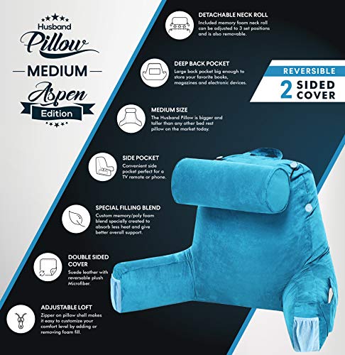 Husband Pillow Combo - Backrest Pillow with Arms : Medium Rodeo Blue & Lap Desk Bed Tray : XXL Grey - Aspen Memory Foam Reading Pillows for Bed w/Removable Neck Roll & Laptop Bed Tray Table