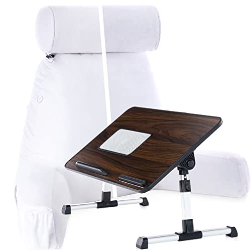 Husband Pillow Combo - Backrest Pillow with Arms : Medium White & Lap Desk Bed Tray : Brown - Aspen Memory Foam Reading Pillows for Bed w/Removable Neck Roll & Laptop Bed Tray Table