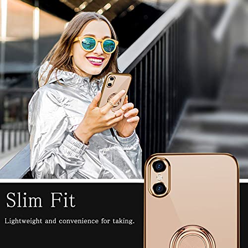 iPhone Xs/iPhone X Case 5.8" Soft Silicone Electroplated Anti-Scratch Cases with Ring Holder Stand Flexible TPU Bumper Shockproof Cover - Light Pink