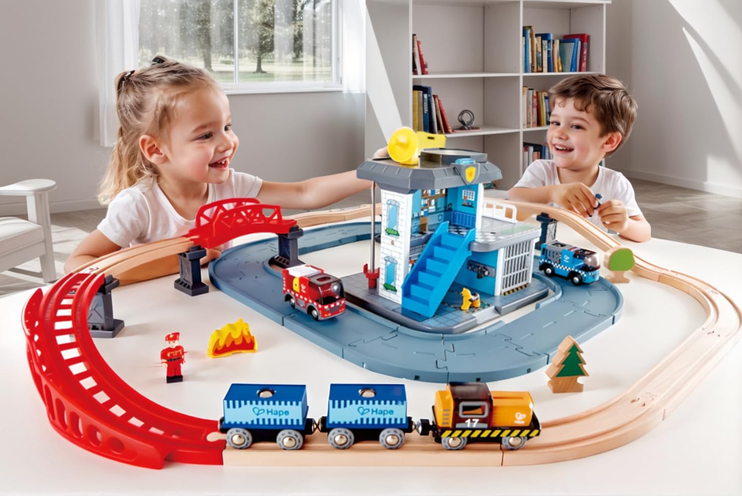 Hape Fire Truck with Siren | 2-Piece Fire Truck, Fireman Toy Set