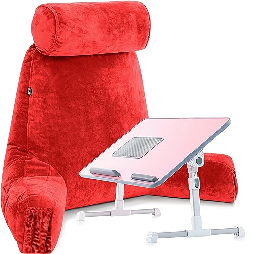 Husband Pillow Combo - Backrest Pillow with Arms : Medium Red & Lap Desk Bed Tray : Pink - Memory Foam Reading Pillows for Bed w/Removable Neck Roll & Laptop Bed Tray Table