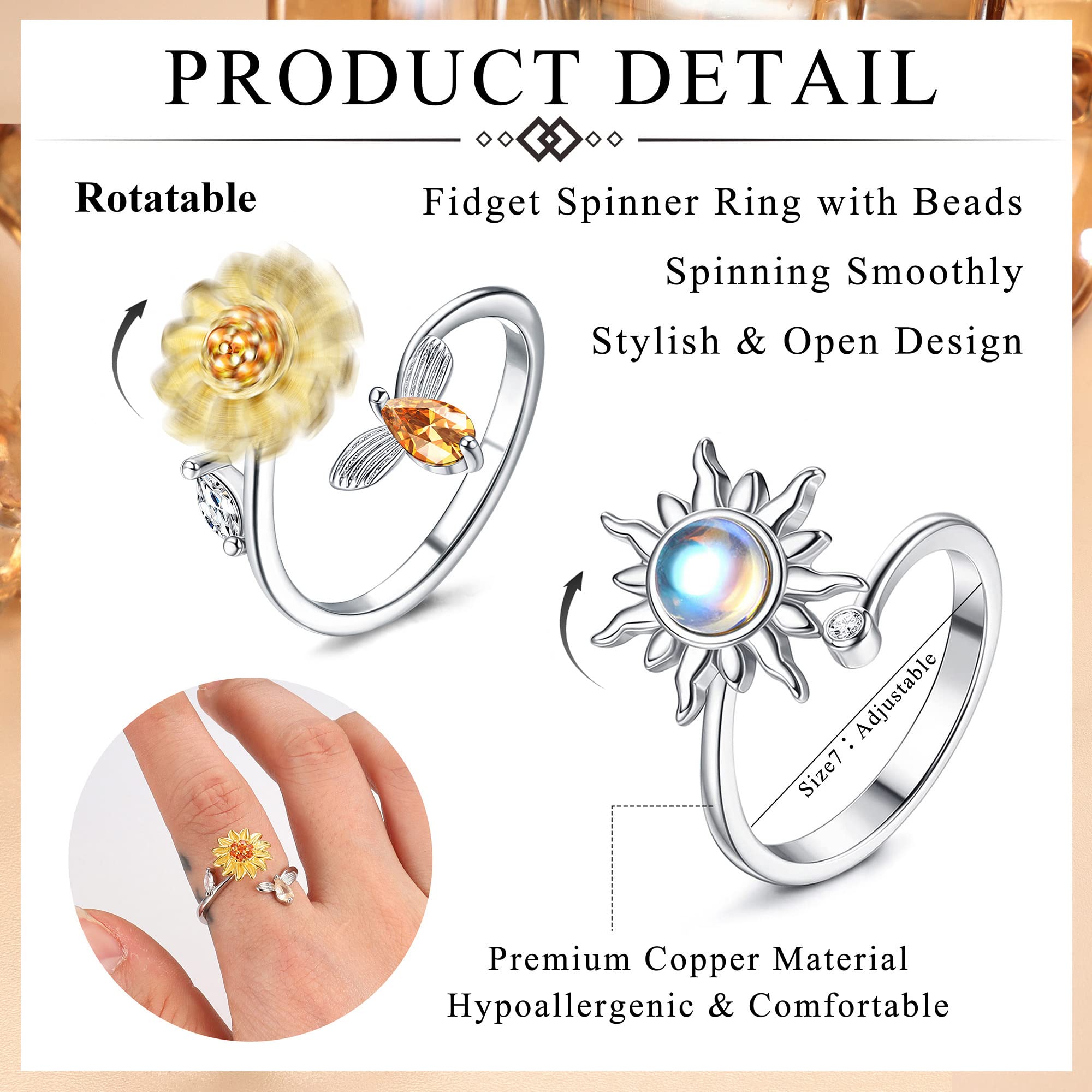 Jstyle Anxiety Ring for Women Spinner Fidget Ring Sunflower Ring Fidget Rings for Anxiety Adjustable Spinning Beads Flower Ring Women Anti Anxiety Relief Stress Figit Stackable Ring Fidget Jewelry A