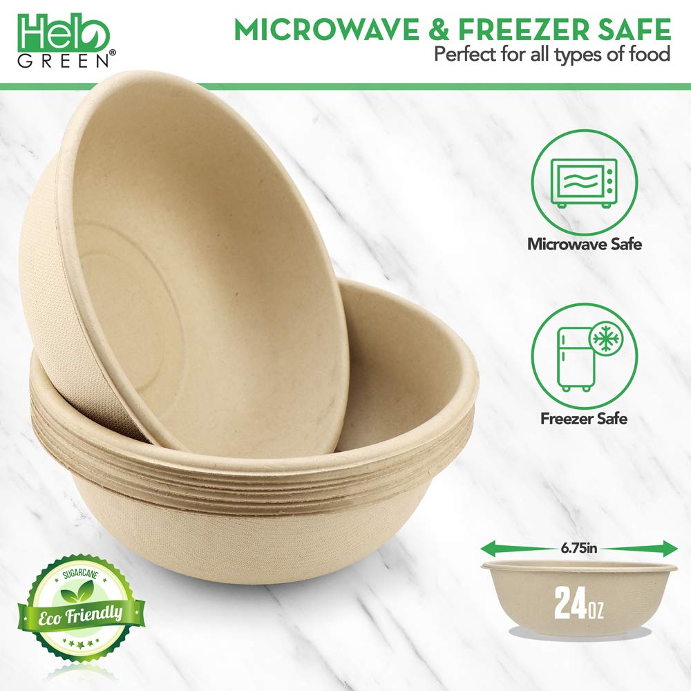 HeloGreen 24 oz. 50 Count 100% Compostable Bowls β Paper Bowls, Eco Friendly Biodegradable, Disposable Bowls, Hot Soup and Cold Food, Heavy-Duty Quality, Natural, Made of Bagasse Sugar Cane Fibers