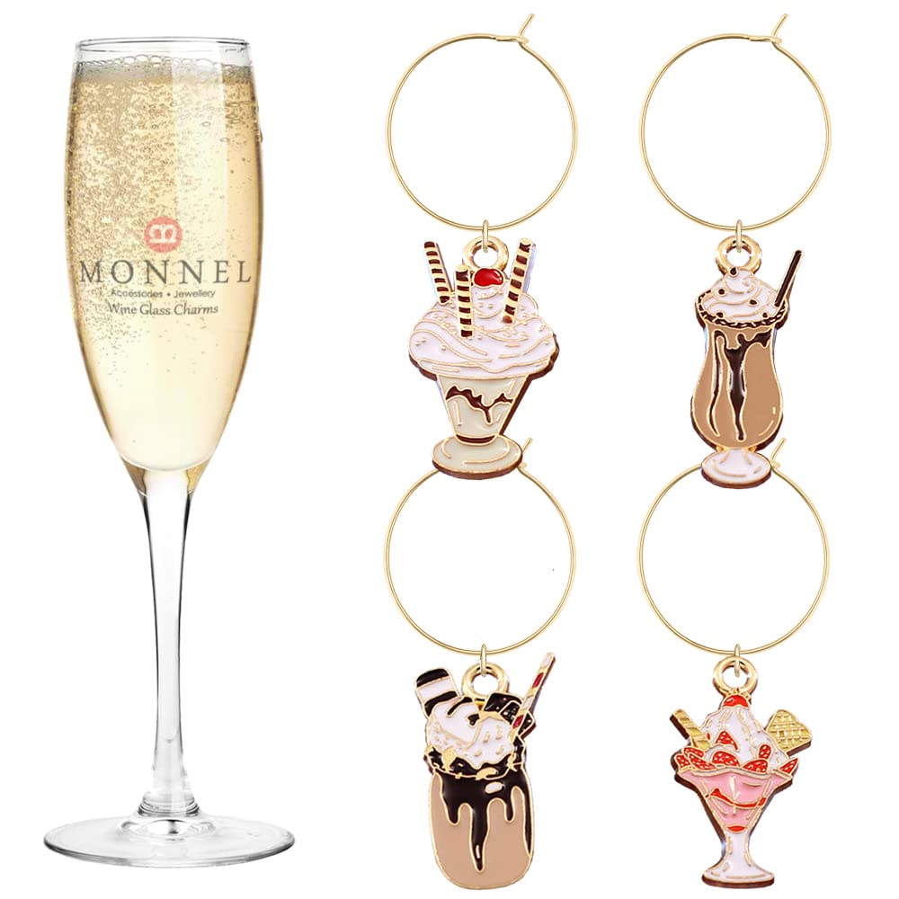 MONNEL P600 Assorted Little Sundae and Ice-cream Wine Charms Glass Markers Tags for Party Decorations with Velvet Bag- Set of 4