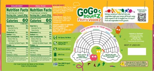 GoGo SqueeZ Fruit & VeggieZ Variety Pack, Pedal Peach and Boulder Berry, 3.2 oz (Pack of 20), Unsweetened Snacks for Kids, Gluten Free, Nut Free, Dairy Free, Recloseable Cap, BPA Free Pouches