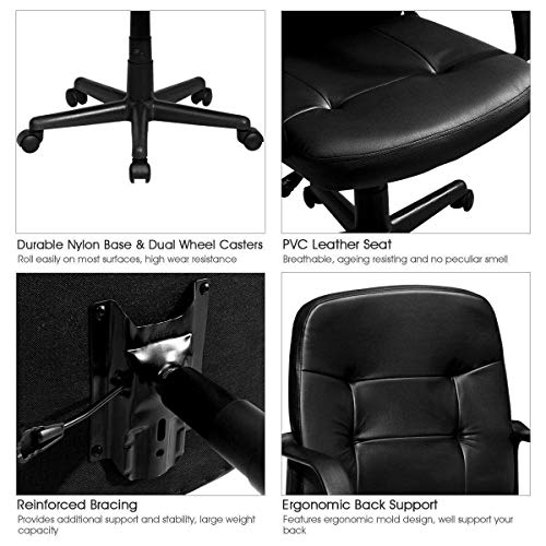 Home Office Furniture Decor Executive Computer Black Swivel Chair Ergonomic Mid-Back Comfortable and Relax Adjustable Seat Height Heavy Duty Chrome Base Soft PU Leather Breathable Sponge Cushion