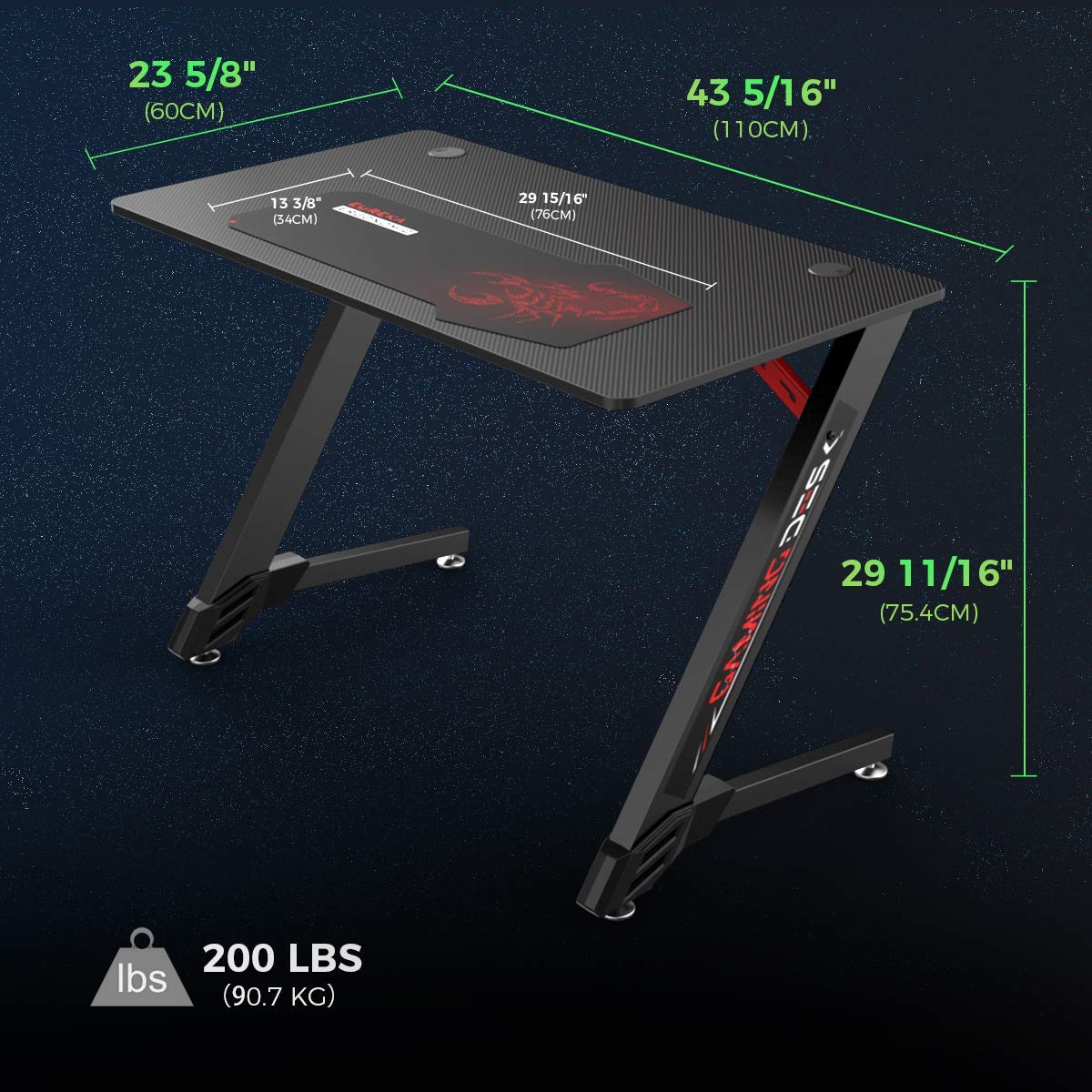 It's_Organized Gaming Desk 43 Inch Computer Desk Gaming Table Z Shaped PC Gaming Workstation Home Office Desk with Large Mouse Pad Carbon Fiber Surface,Black