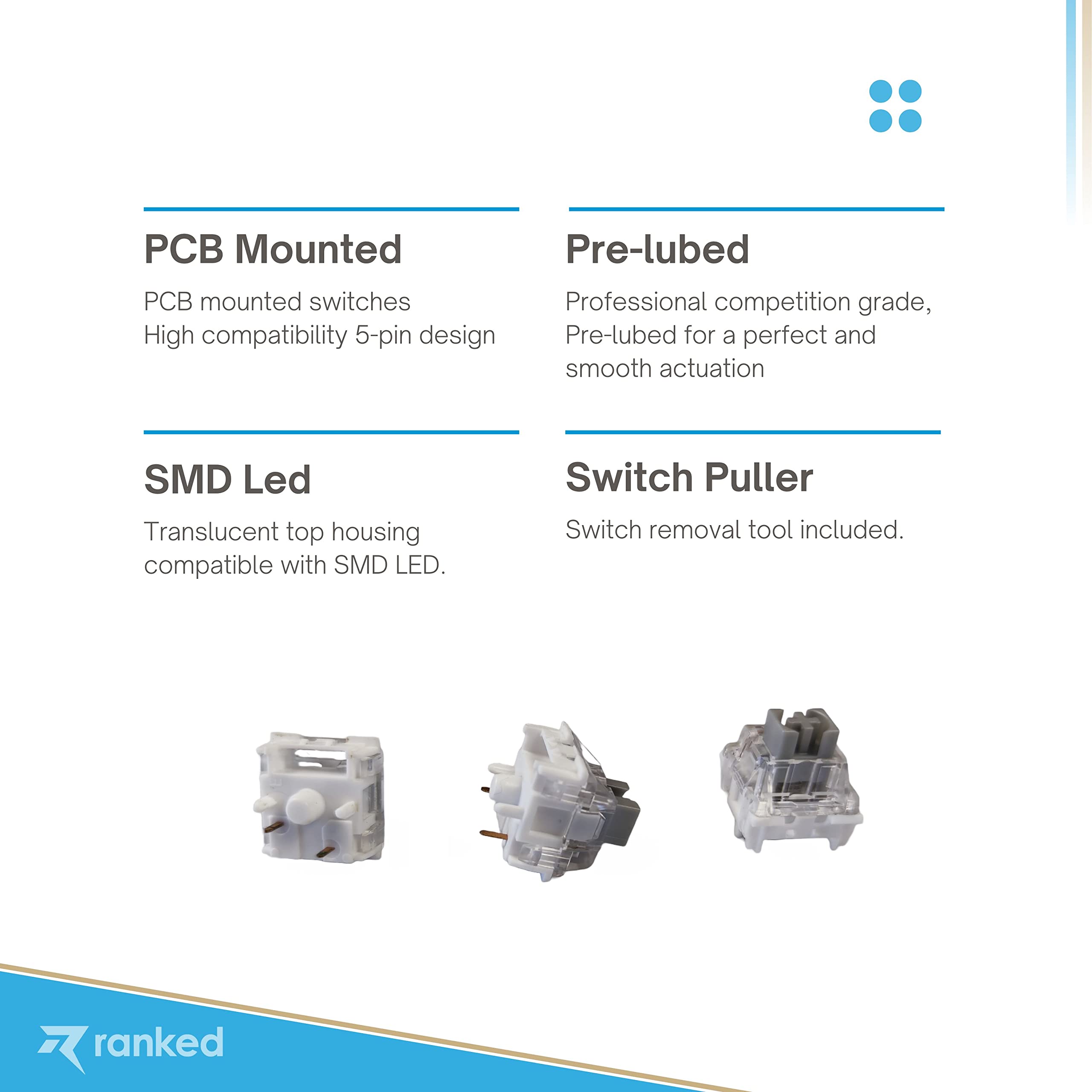Ranked Kailh Turbo Key Switches for Mechanical Gaming Keyboards | PCB Mounted - 5 pins | Pre Lubed (Speed Silver, 65 Pcs)