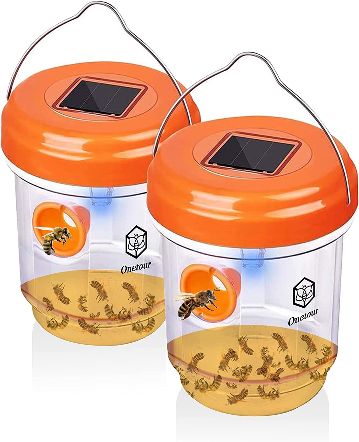 outtkitywi Wasp Traps for Hunting Wasps, Bees, Hornets, Insects, Yellow Jacket Traps, Wasp Trap Catcher, Reusable Solar Powered Hanging for Outdoor, 2 Packs, ORANGE