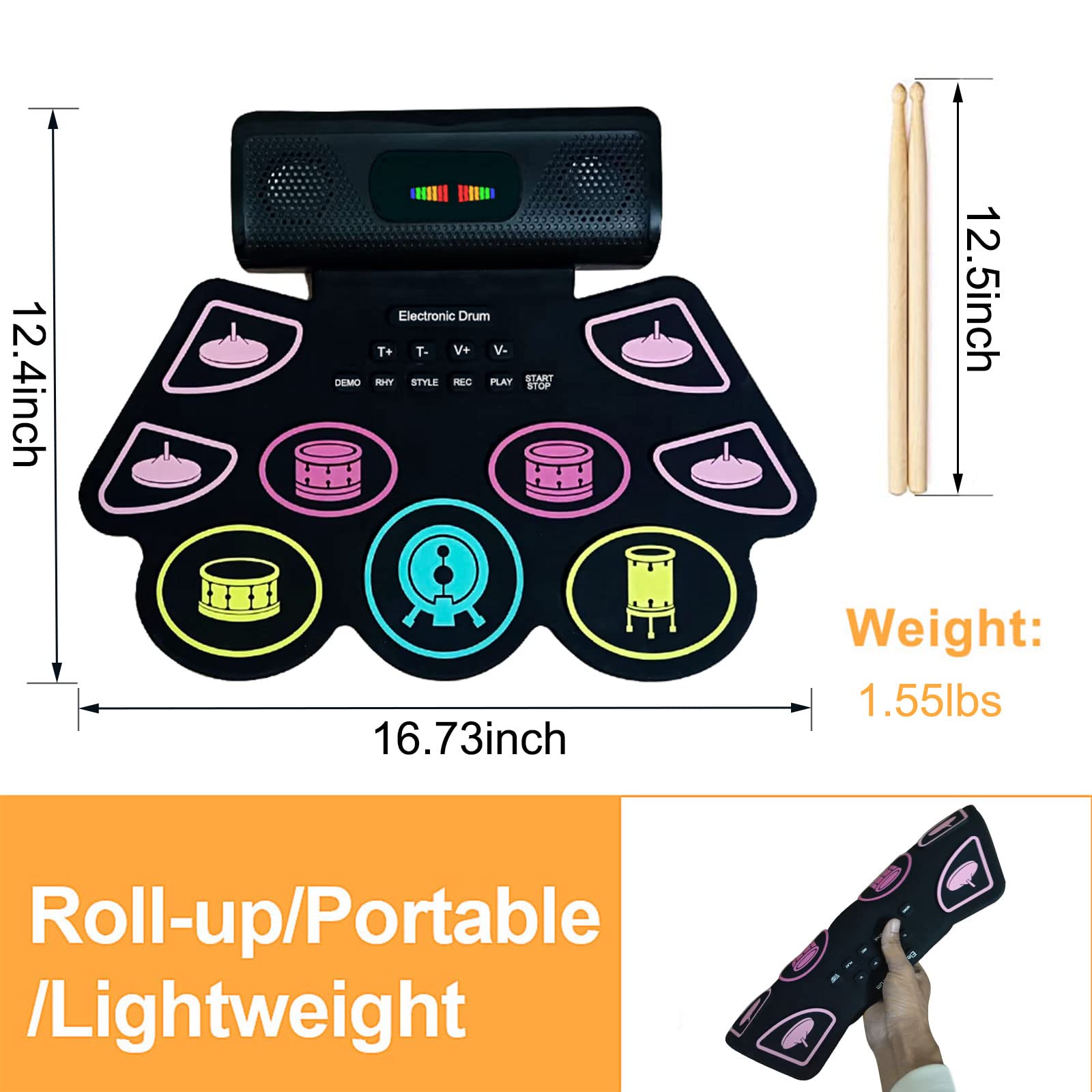 Lamir Electronic Drum set for Kids 9 Drum Pads withRoll Up Drum Kit with Dynamic LED Display and Built-in Speakers MIDI Recording for Festive Birthday Gifts for Kids and Drum Beginners