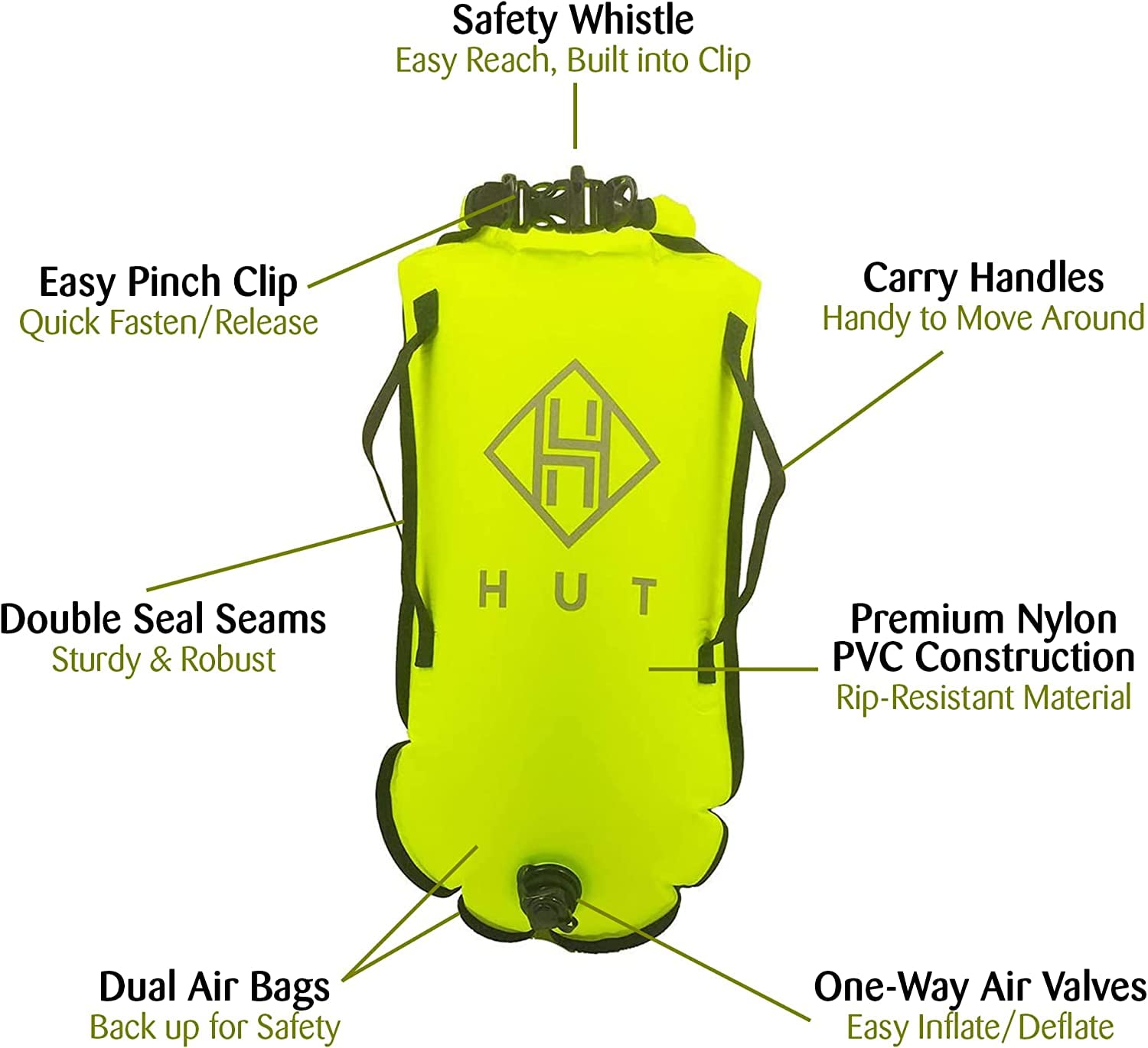 HUT Swim Buoy Dry Bag - Premium Tow Float and Watertight Dry Bag for Open Water Swimmers, Triathletes. High Visibility Safety Swim Buoy, Two air Chambers - be seen be Safe (20L)