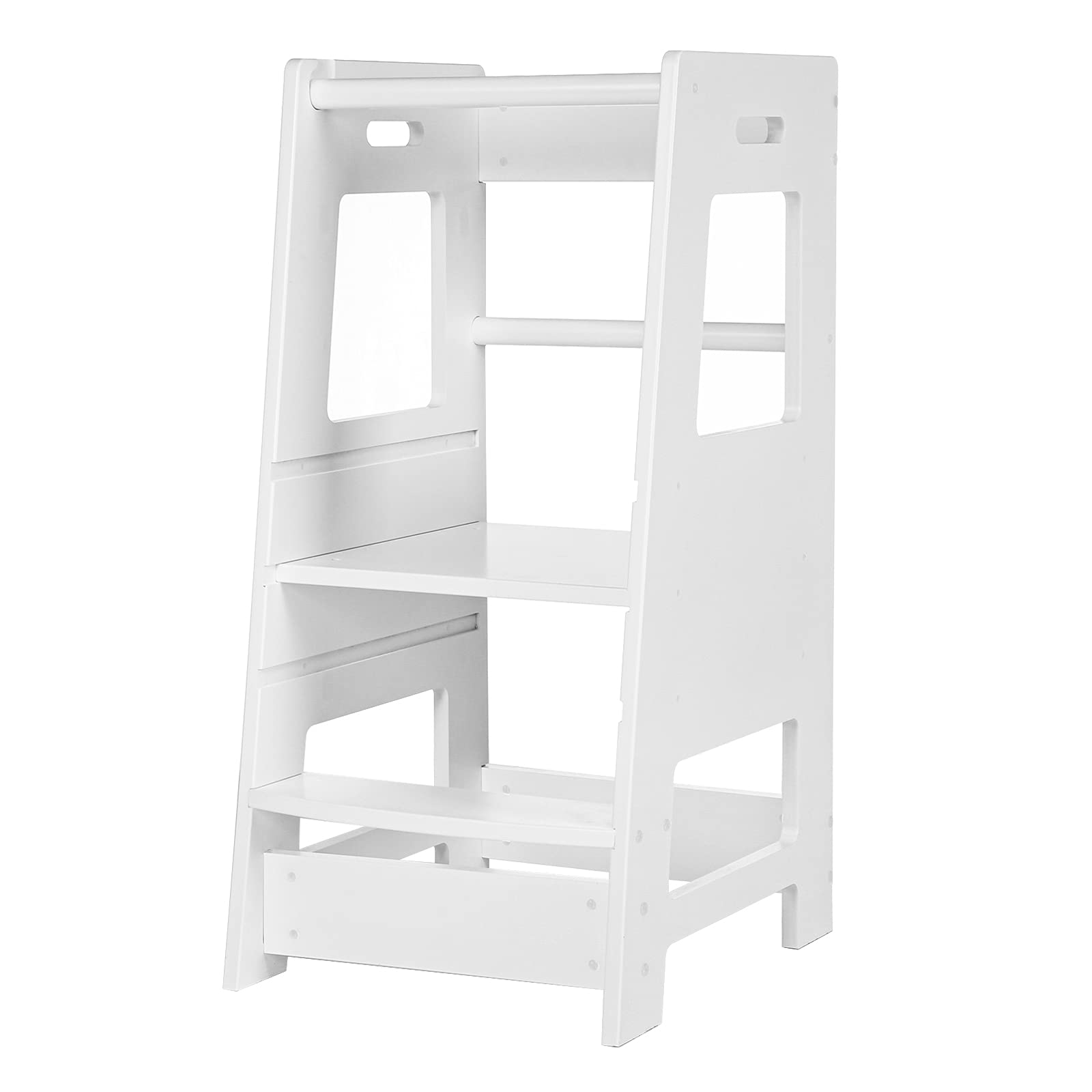 LUSIMO Toddler Step Stool Helper Nursery Standing Tower Wooden Kids Step Stool with Safety Rail Height Adjustable Toddler Learning Tower with Anti-Slip Protection Support Up to 165lbs White