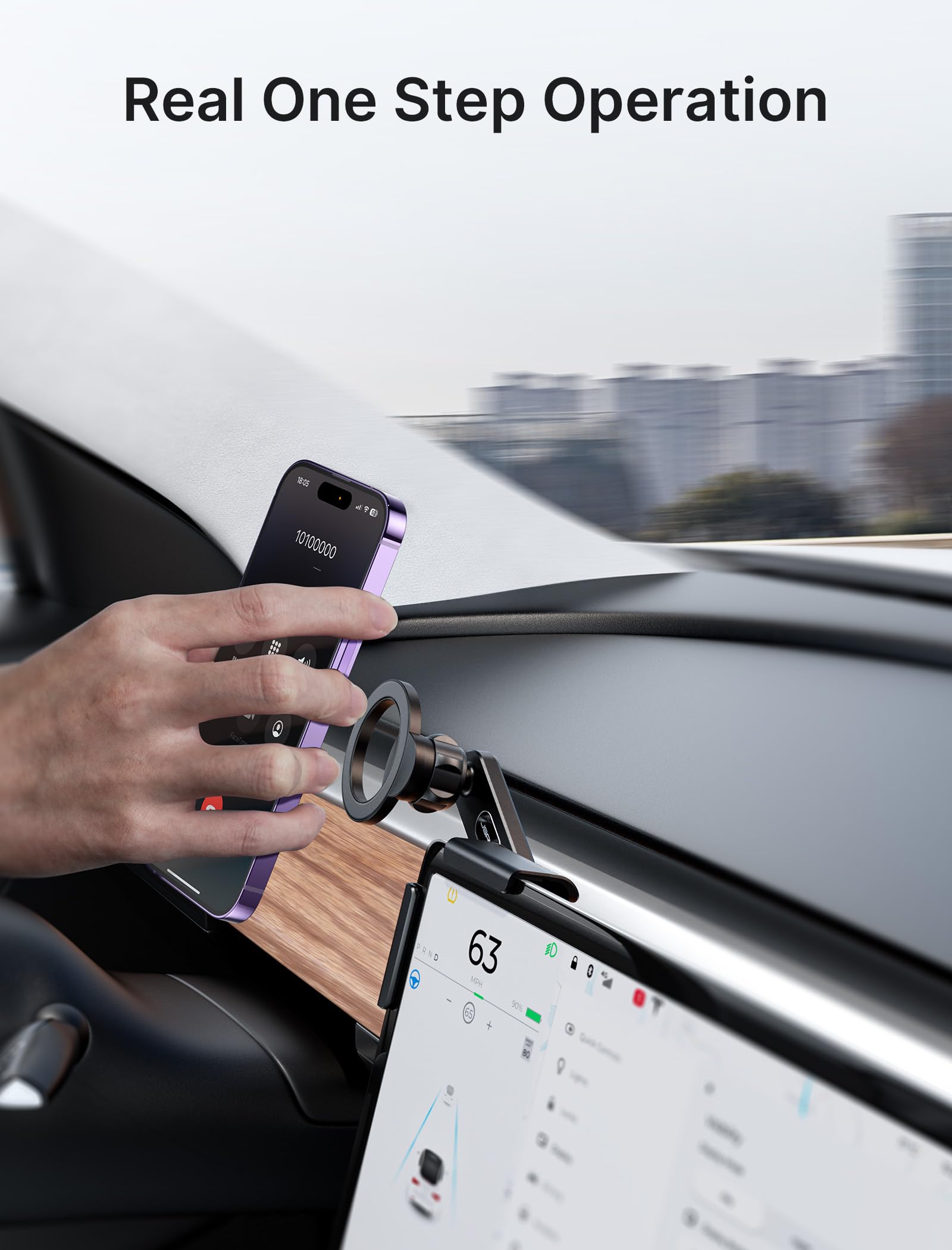 JSAUX Tesla Phone Mount, Mag-Safe Phone Holder Stand 【Screen-Locked with Base, Easy Installation】, Only Compatible with Tesla New Model 3 2023/Y/S/X, iPhone 15 Pro Max/15 Pro/15/14 and All Phones