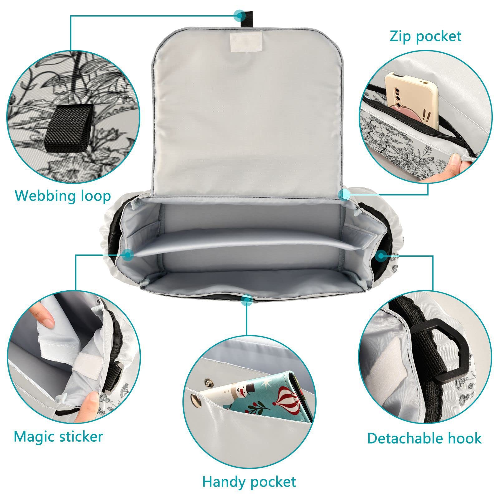 Kigai Herbs Wildflowers Baby Stroller Organizer with Cup Holders, Secure Hooks Accessories Adjustable Strap Stroller Bag for Bottle, Diaper, Phone, Toys, Baby Items