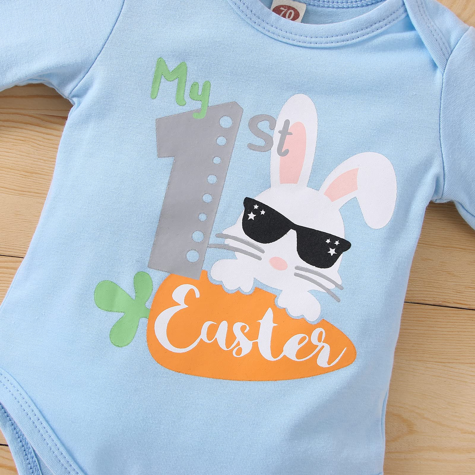 Noubeau Baby Boy Girl Easter Outfit My 1st Easter Long Sleeve Romper Stripe Pants Bunny Ears Hat 3PCS Clothes Set(Bunny-2,3-6 Months)