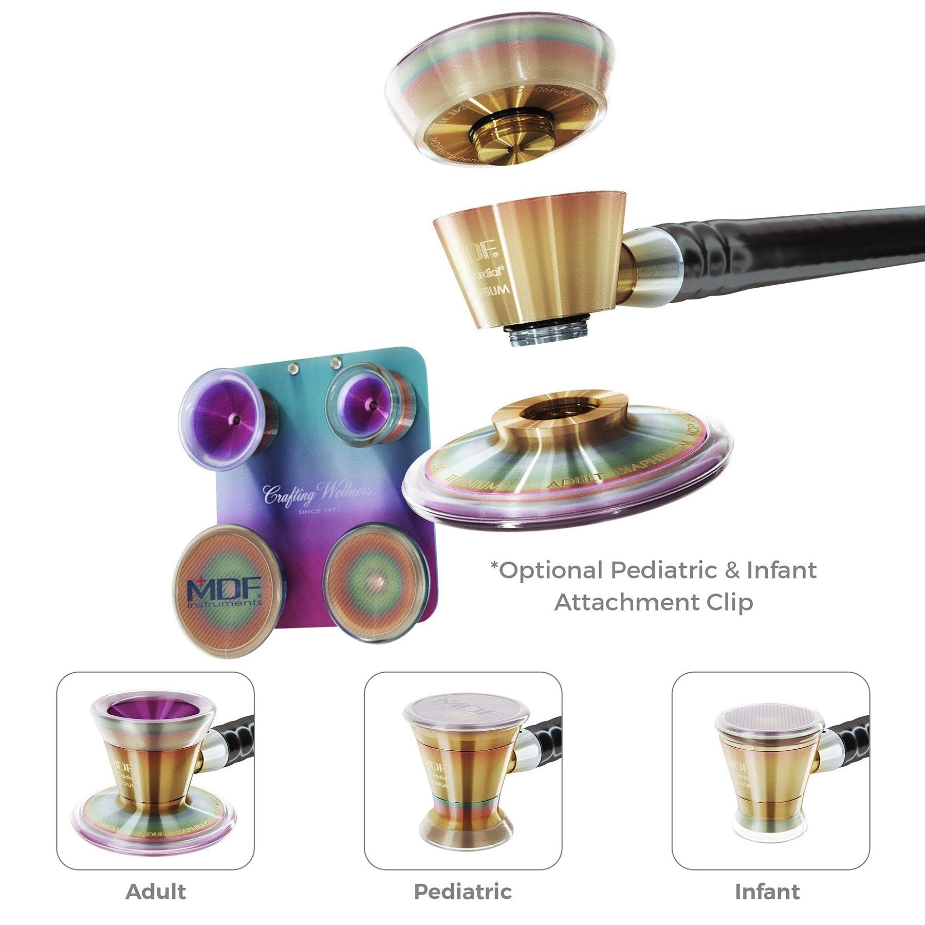 MDF Green Glitter Kaleidoscope ProCardial Cardiology Stethoscop + MDF Pediatric and Neonatal Attachments with Clip