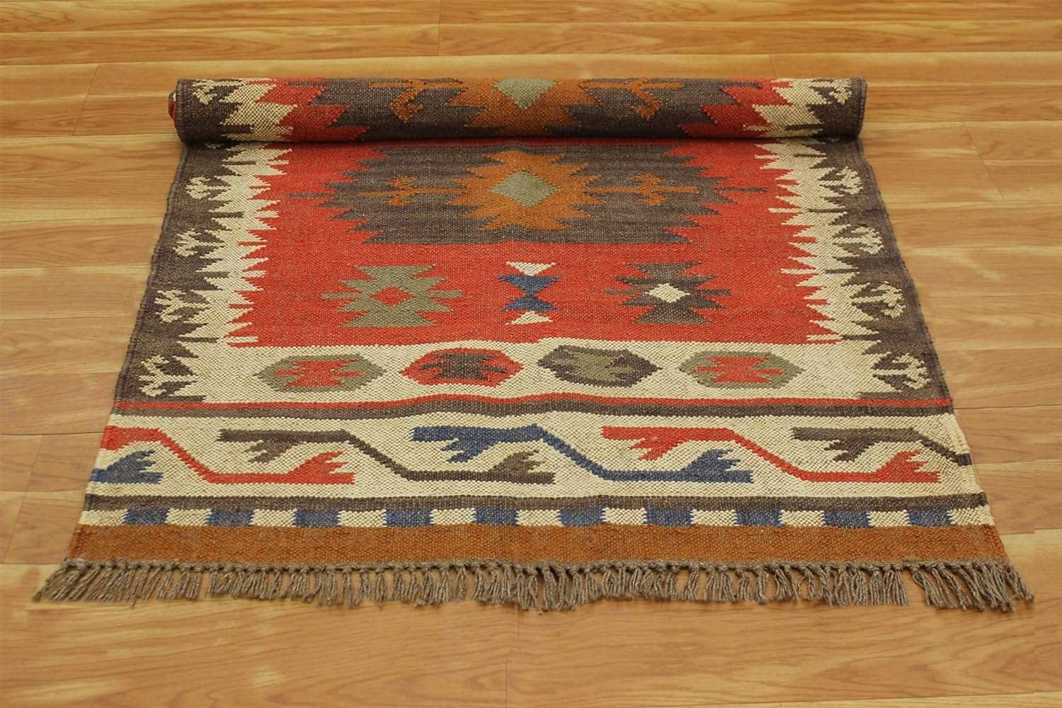 RamVicraft 6x9 Kilim Wool Jute Rug, Natural Handmade Area Rug for Bedroom, Living Room, Dining Room, Hallway, Office, Kitchen, Entryway Carpet for Decorative Use (D-1)