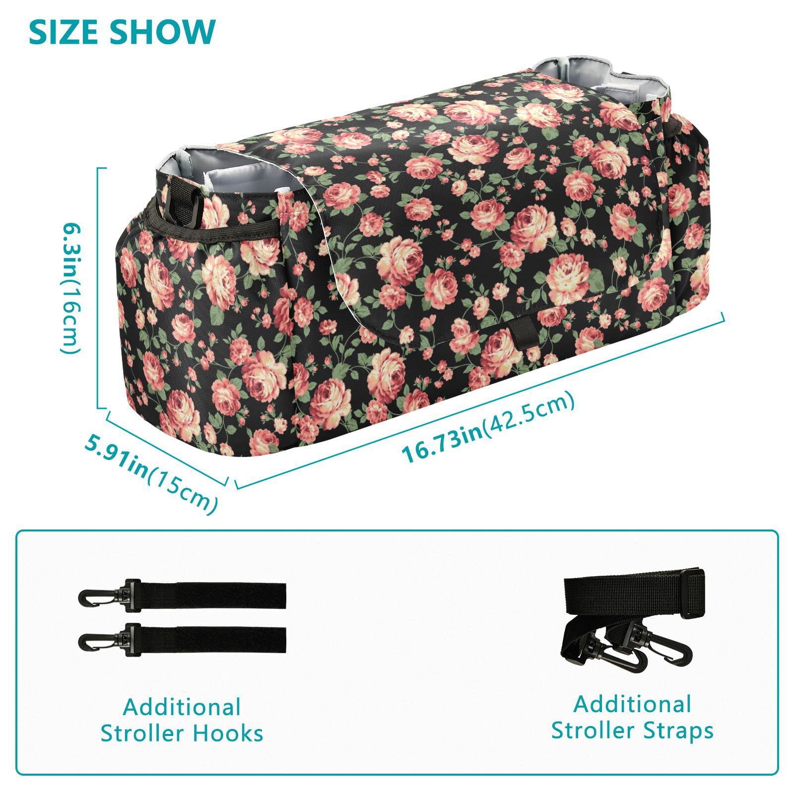 Kigai Roses Baby Stroller Organizer with Cup Holders, Secure Hooks Accessories Adjustable Strap Stroller Bag for Bottle, Diaper, Phone, Toys, Baby Items