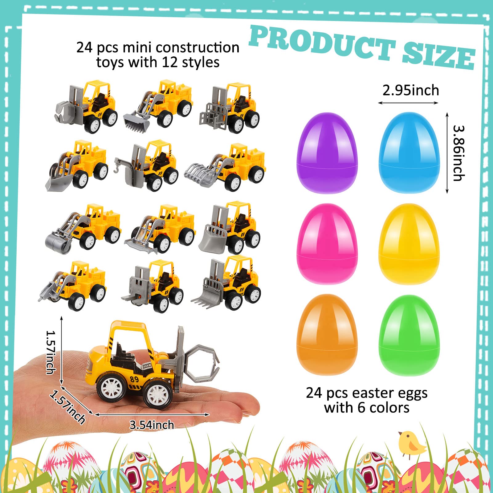 Meooeck 48 Pcs Prefilled Easter Eggs with Construction Vehicles Building Blocks Filled for Egg Hunt Plastic Toys Inside Colorful Basket Stuffers Easter Party Favor Boys Gifts Kids