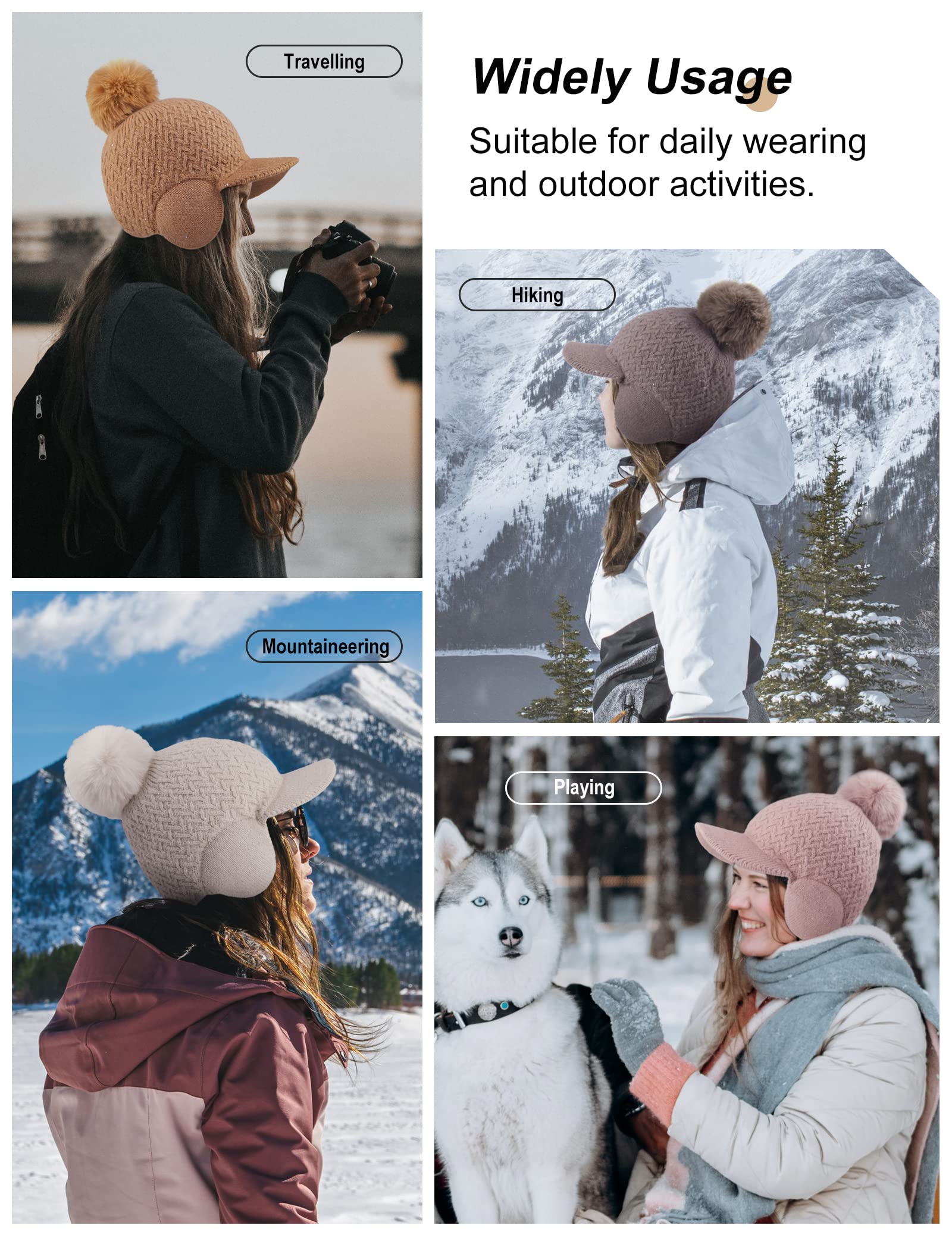 Koreshion Women Winter Beanie Hat with Faux Fur Pom Warm Earflap Sequins Knit Hat with Brim Black