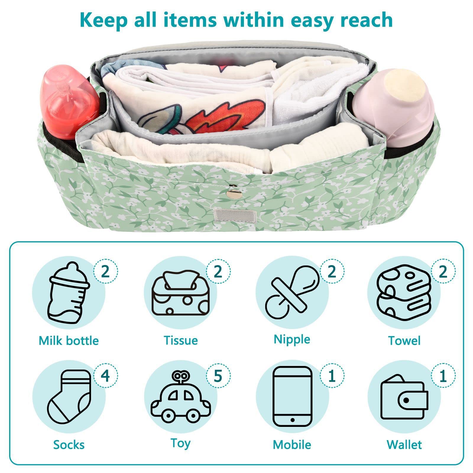 Kigai Small White Flowers Baby Stroller Organizer with Cup Holders, Secure Hooks Accessories Adjustable Strap Stroller Bag for Bottle, Diaper, Phone, Toys, Baby Items