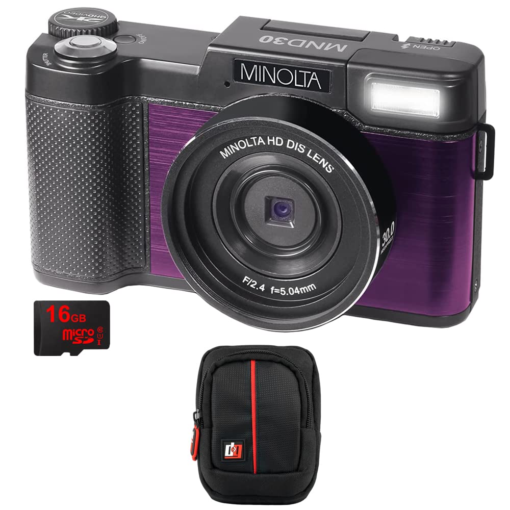 Minolta MND30-P 30MP 2.7K Ultra HD 4X Zoom Digital Camera (Purple) Bundle with Deco Photo Point and Shoot Field Bag Camera Case (Black/Red)