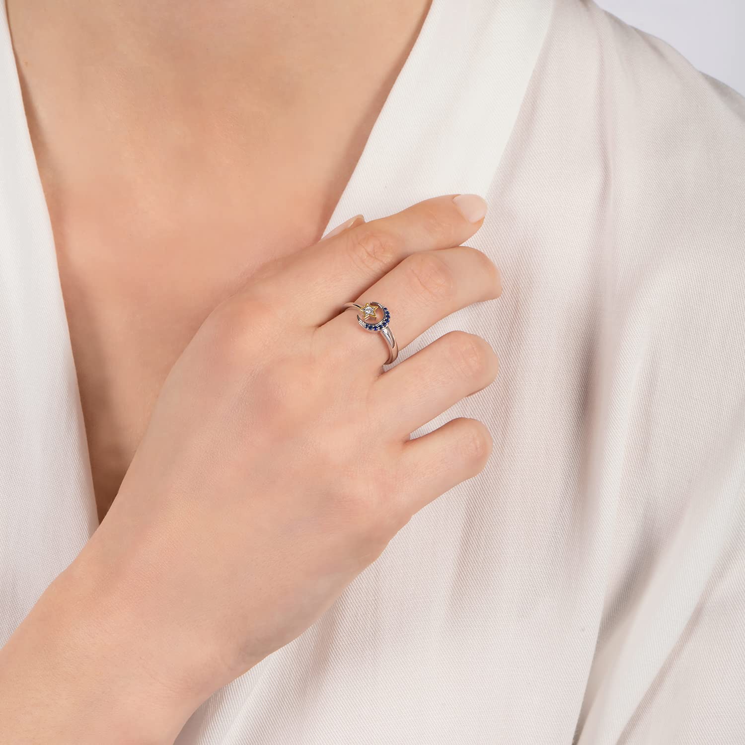 Jewelili Hallmark Fine Jewelry Sterling Silver and 14K Yellow Gold 1.3 MM Created Blue Sapphire and Natural White Round Diamond Accent Crescent Moon and Star Ring, Size 6
