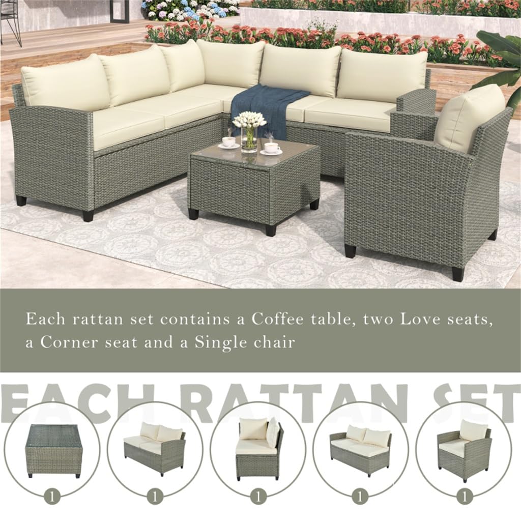 Generic Patio Furniture Set, 5 Piece Outdoor Conversation Set,with Coffee Table, Cushions and Single Chair (Color : E, Size : As Shown)
