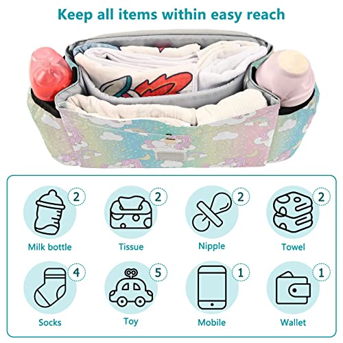 Kigai Unicorn Gradient Baby Stroller Organizer with Cup Holders, Secure Hooks Accessories Adjustable Strap Stroller Bag for Bottle, Diaper, Phone, Toys, Baby Items