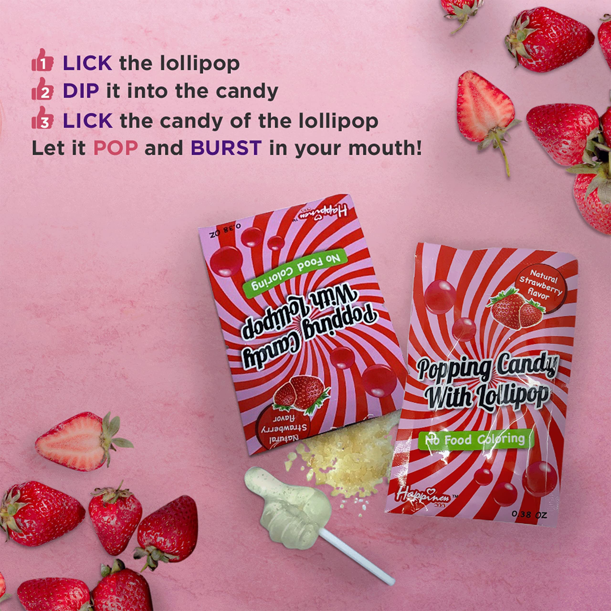 Happiness USA 50 PCS Popping Candy with Fun Dip Lollipop - All Natural No Artificial Colors or Flavors Pop Rocks Candy | Individually Wrapped Kosher Pareve Candy Pop | Non Dairy Pop Rocks Strawberry