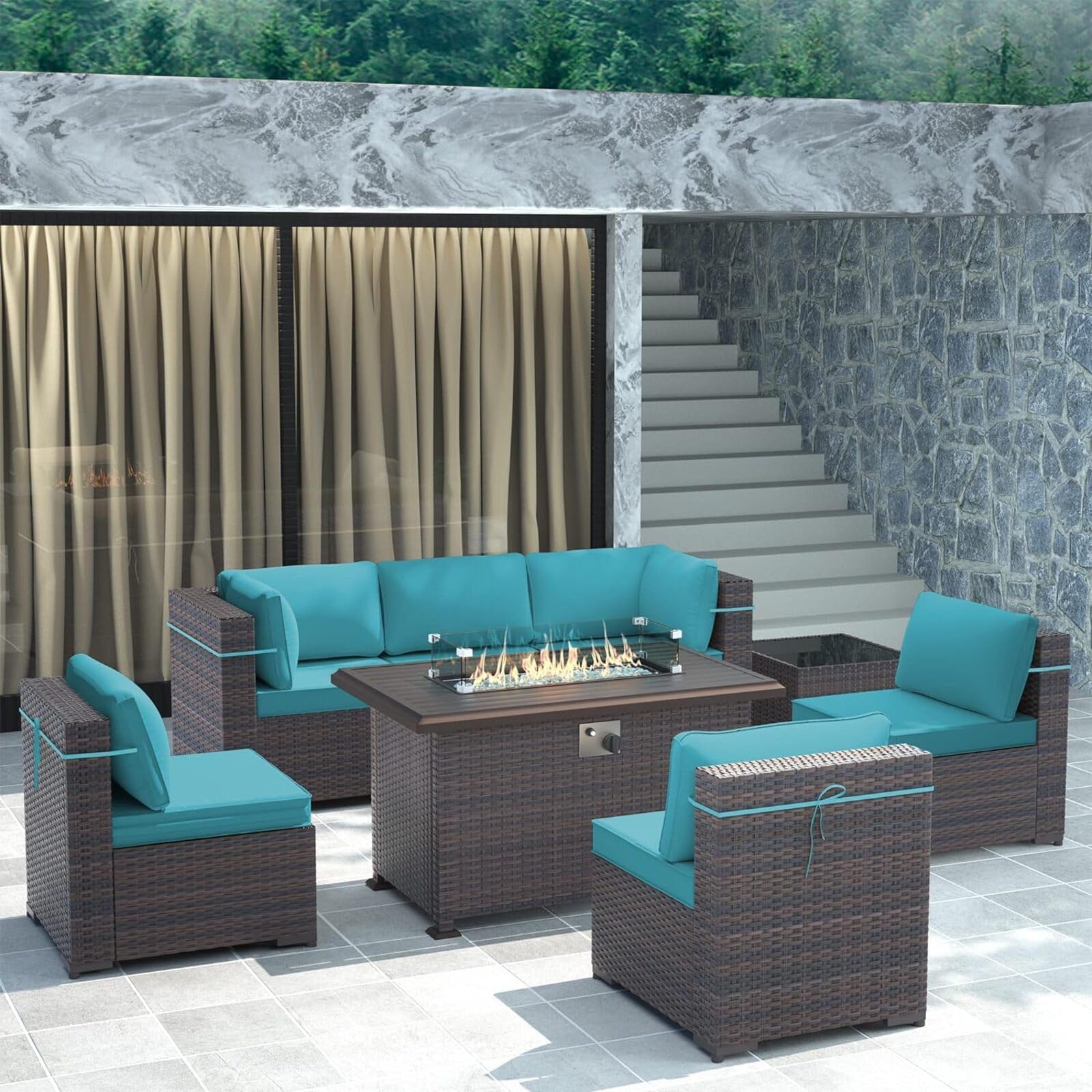 HEZLA PE Rattan Wicker Patio Furniture Set 8 Pieces Outdoor Sectional Conversation Sofa Dining Table Set with Cushions/Storage Table