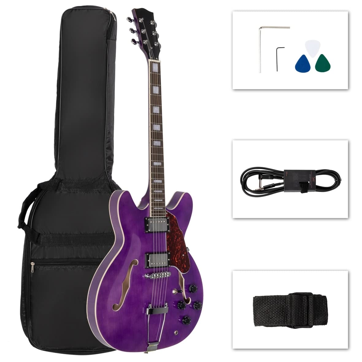 Ktaxon 6 String Electric Guitar, Semi-Hollow Body Full-Size Standard Jazz Electric Guitars Kit with Shoulder Strap, Bag, Cable, Plectrum for Beginner Professional (Purple)