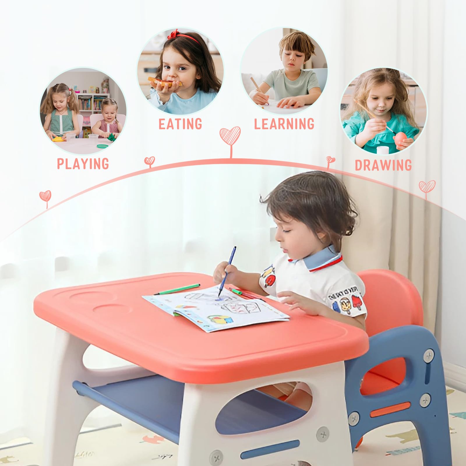 Kids Table and Chair Set, Activity Table for Kids with Storage Shelf Ideal for Preschool, Kindergarten, Easy to Clean,Durable and Drawing,Toddler Table and Chair Set(Coral red)