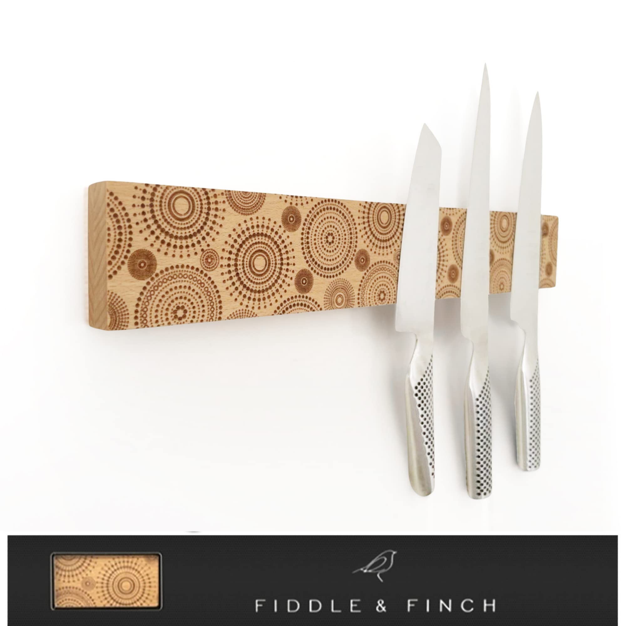 Magnetic Strip Knife Holder β Etched Wood Knife Rack or Bar with Hardware for Hanging & Wall Mounting. β Kitchen Utensil Organizer & Storage by Fiddle & Finch, 16 Inch. Circle Design