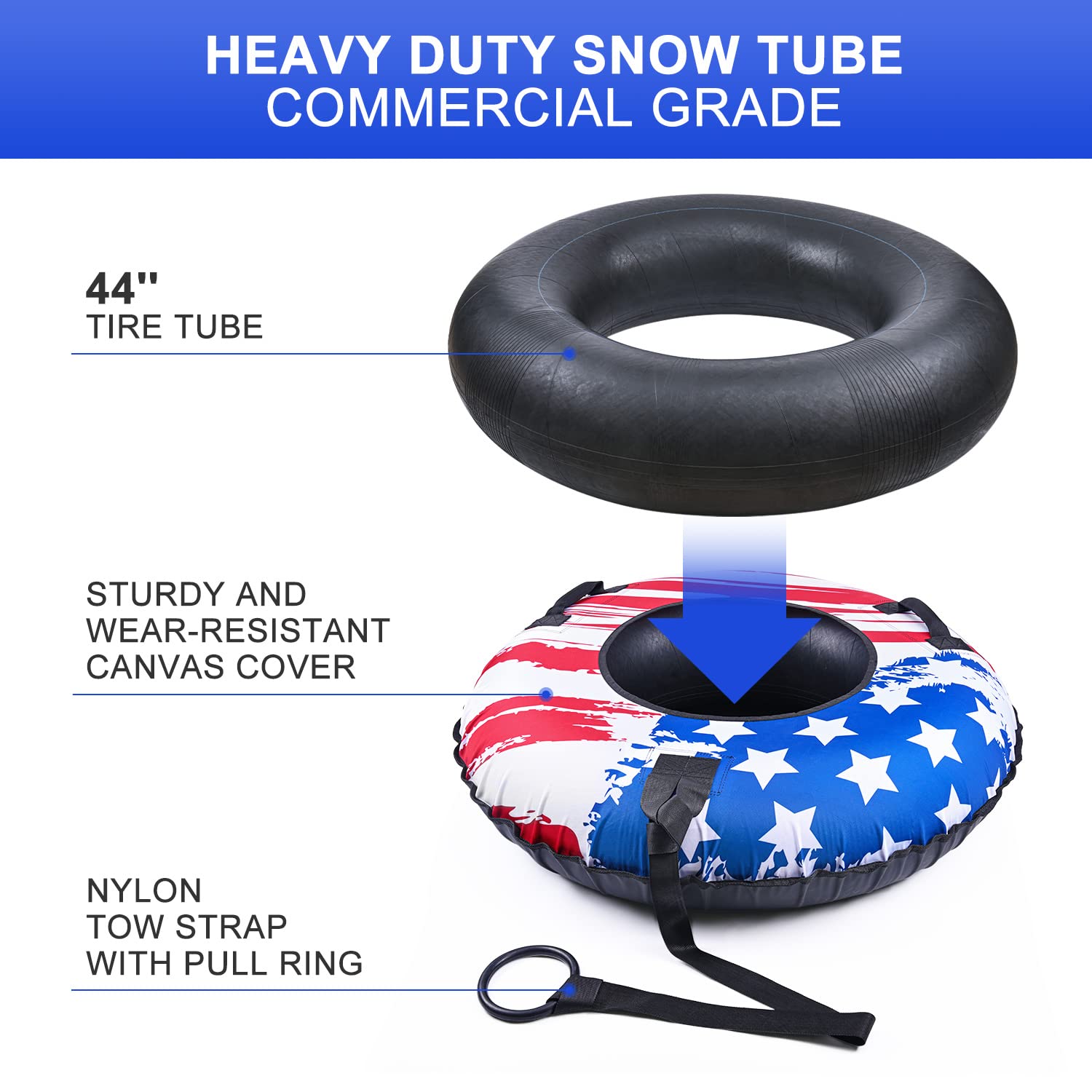 Kuptone Snow Tube Heavy Duty Inflatable 44" Large Snow Sled (Commercial Grade)
