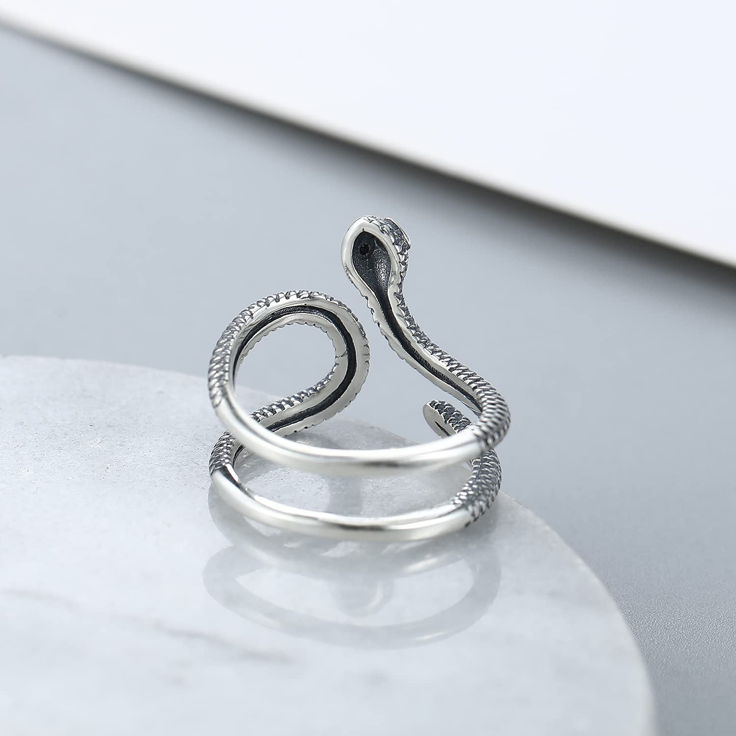 IPEPPY 925 Sterling Silver Snake Ring, Stacking Rings for Men Women Retro Opening Adjustable Ring Jewelry (B-Snake Ring)