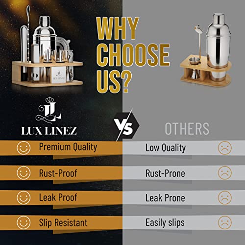 LUX LINEZ Bartender Kit-Cocktail Shaker Set with Anti-Slip Bamboo Stand-10 pcs Cocktail Set with All Essential Bar Tools-Cocktail Kit for Your Home and an Awesome Bar Set for a House Warming Gift