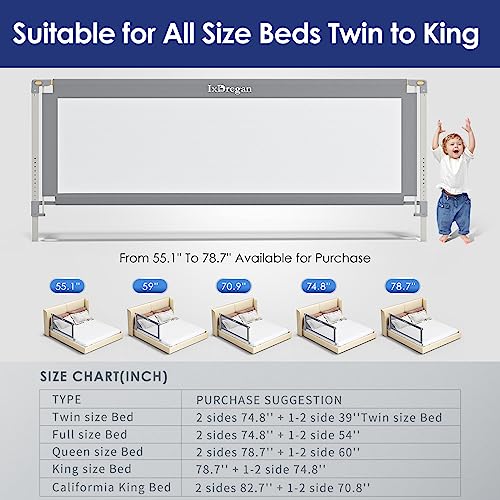 Ixdregan Bed Rail for Toddlers - Double Side Lift and Adjustable Height Bed Rails for Queen Bed, Safe & Nature Fiber Material Washable, Fits for Full-Size Bed Rail for Baby (Grey, 1 Piece, 78.7ββ)
