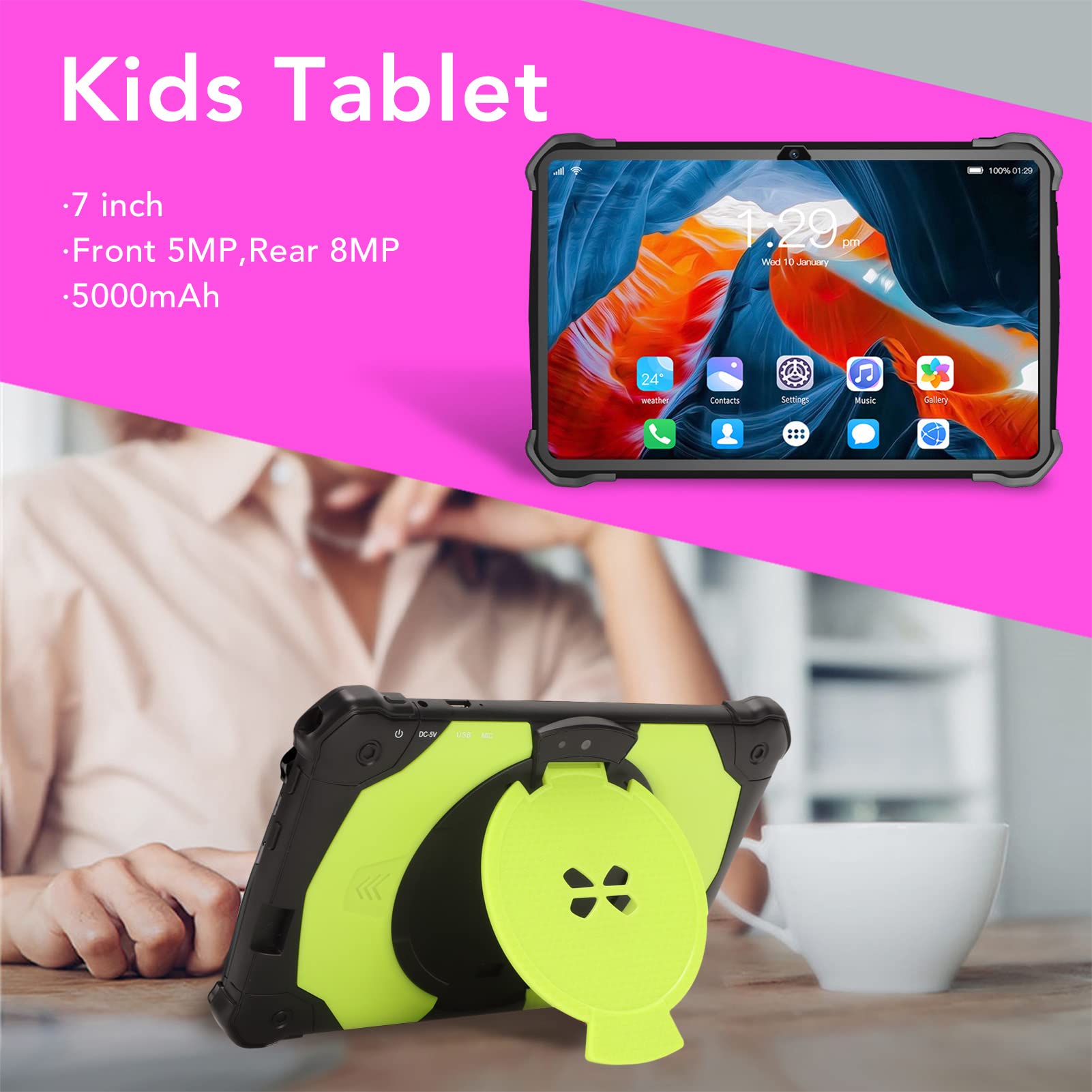 Kids Tablet 7in 2.4G 5G RAM 4GB ROM32GB Front 5MP Rear 8MP 1960x1080 Octa Cores 5000mAh Tablet for Android10 US Plug 100 to 240V(Pink ) Tablets (Green)