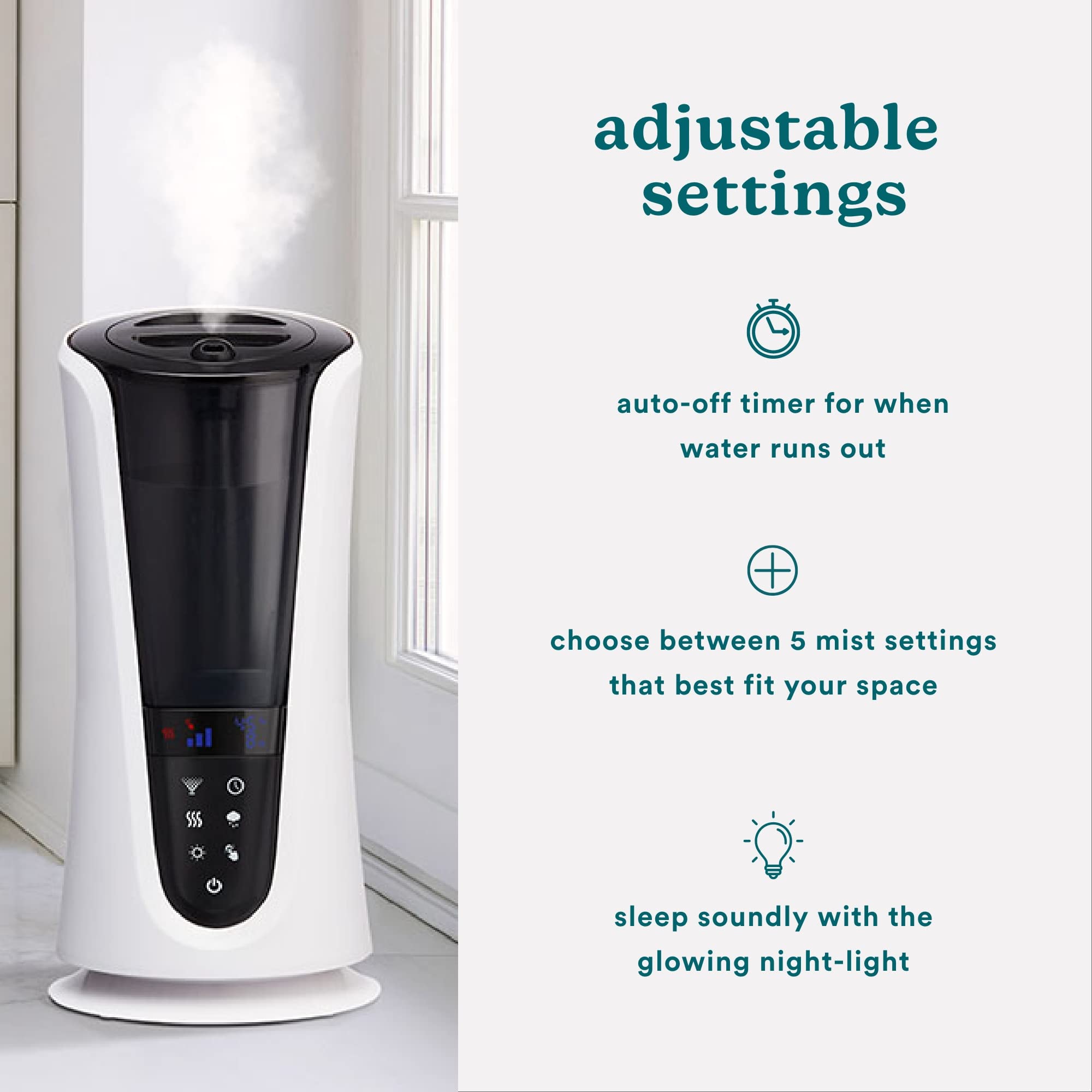 Homedics Ultrasonic Humidifier β Large Deluxe Air Humidifiers for Bedroom, Plants, Office β Cool and Warm Mist Humidifiers, Essential Oil Pads and Built-In Timer, 5 Mist Settings, White and Black