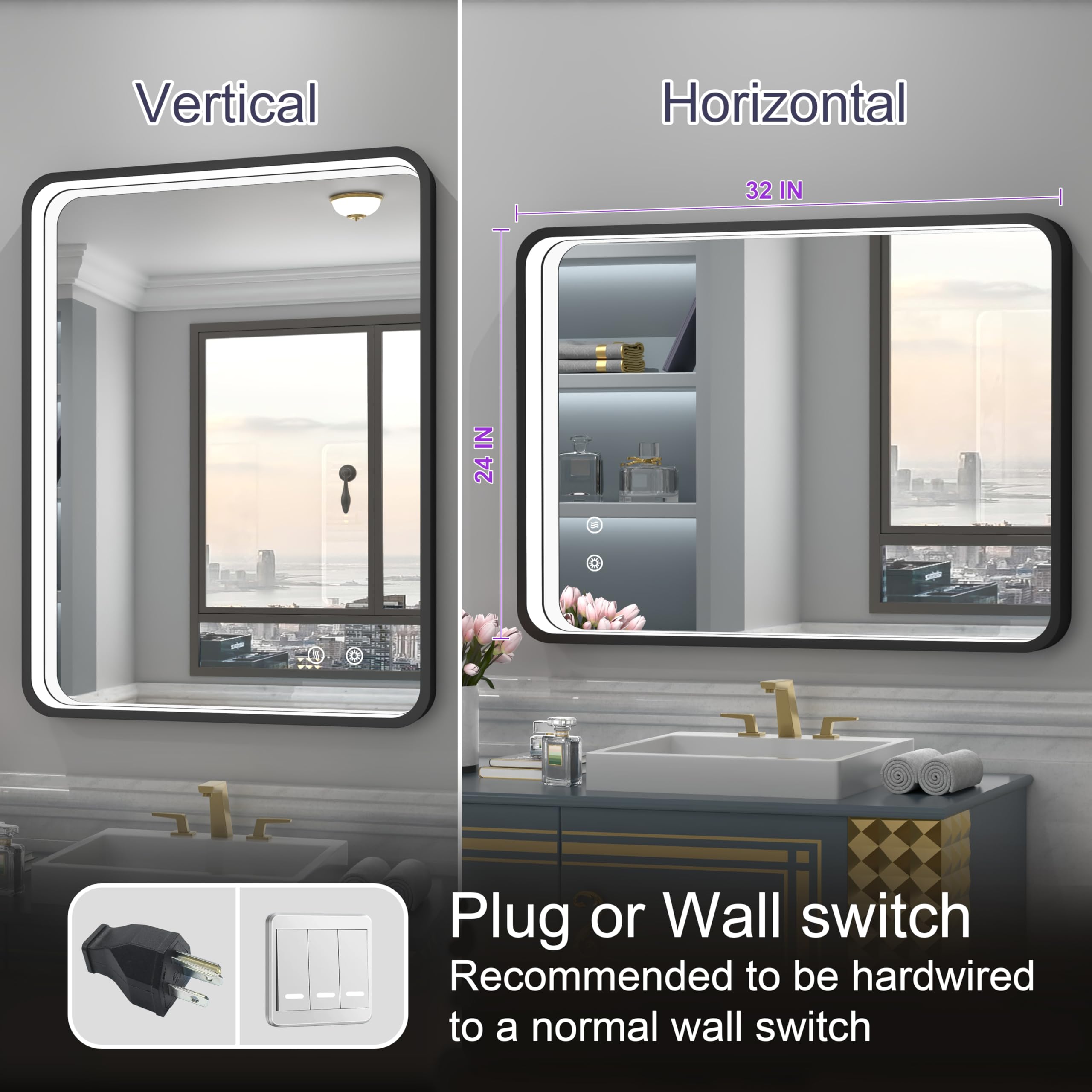 JSneijder 24x32 Inch Black LED Bathroom Mirror, Black Framed Vanity Mirror with Lights, Anti-Fog Bathroom Mirror, Wall Mounted Dimmable Lighted Bathroom Mirror(Horizontal/Vertical)
