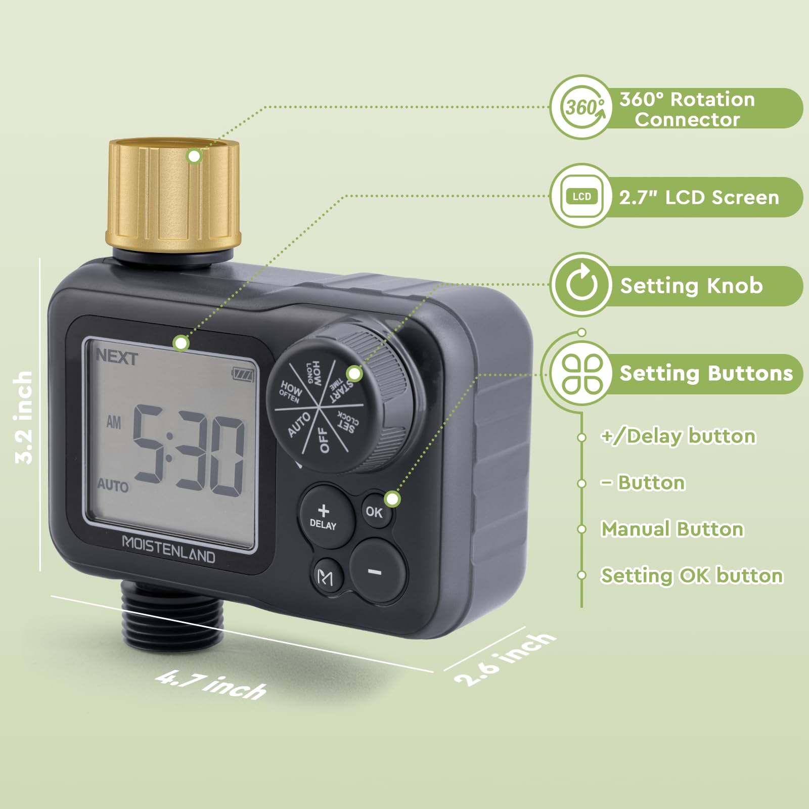 Moistenland Sprinkler Timer with Brass Swivel, Water Timer for Garden Hose, Hose Timer, with Rain Delay/Manual/Automatic Watering System, IP54 Waterproof, 2.6 Inches Large Screen(1 Outlet)