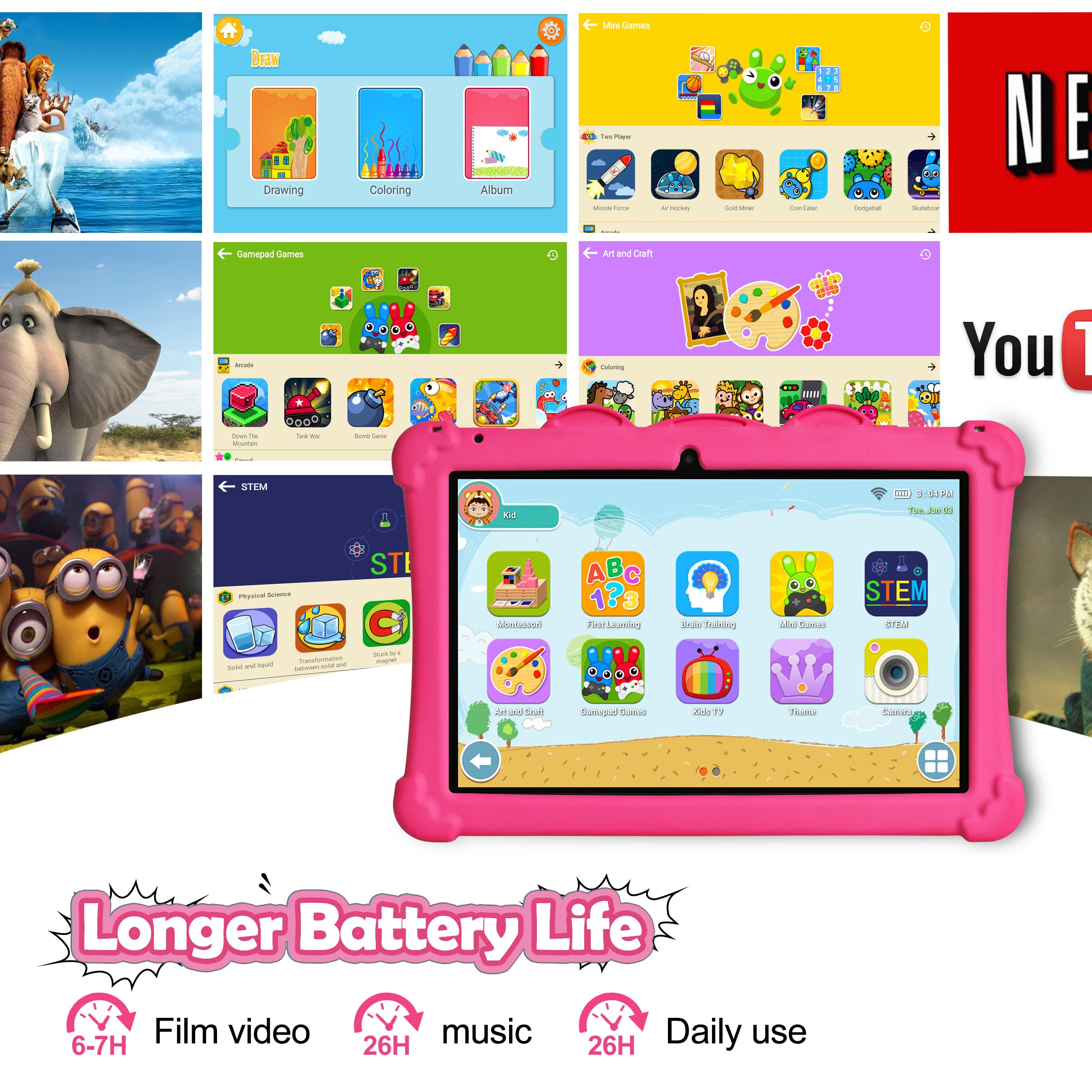 Kids Tablet, 10 Inch Tablet for Kids, IPS HD Display 1280 X 800 Android13 Toddler Tablet,Iwawa Kids Space Pre-Installed Parental Control Mode, Dual Camera, Google Services,6-12,Color Pink