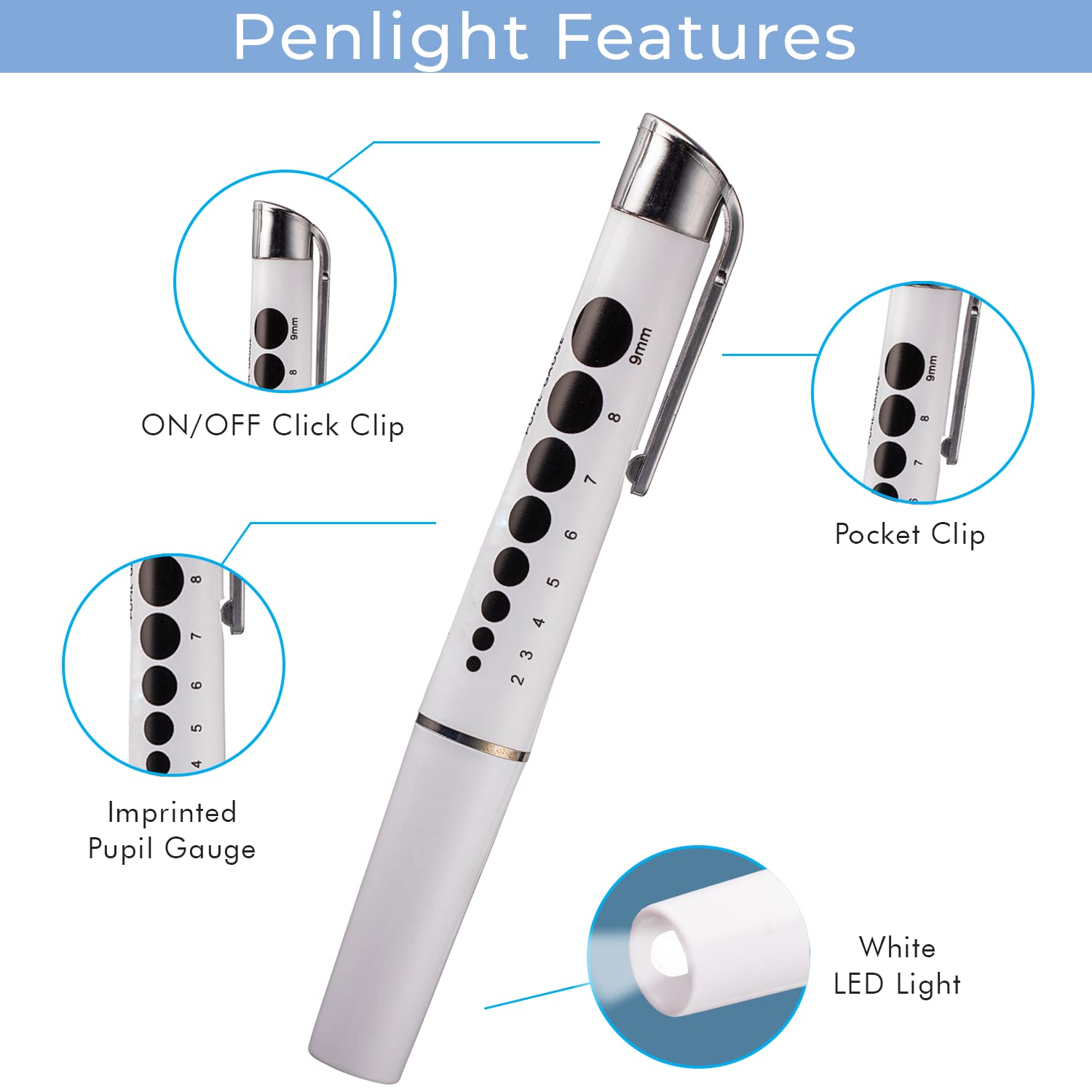 Novamedic 5 Pack LED Pen Light with Pupil Gauge, Reusable Medical Diagnostic Penlight for Doctors Nurses EMTs and Nursing Students, White, Batteries Included