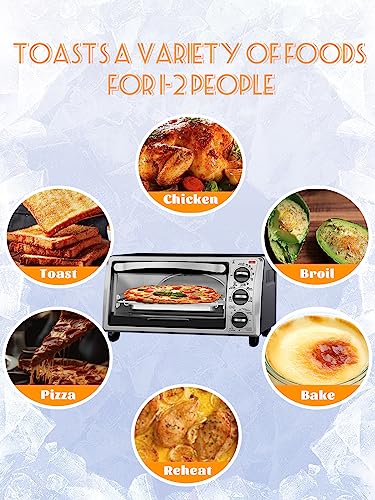 Toaster Oven 4 Slice Countertop - Pizza Oven with Timer, Convection Oven fits a 9 Inch Pizza, for Bake, Broil, Toast, Includes Baking Pan and Rack, Stainless Steel, Silver