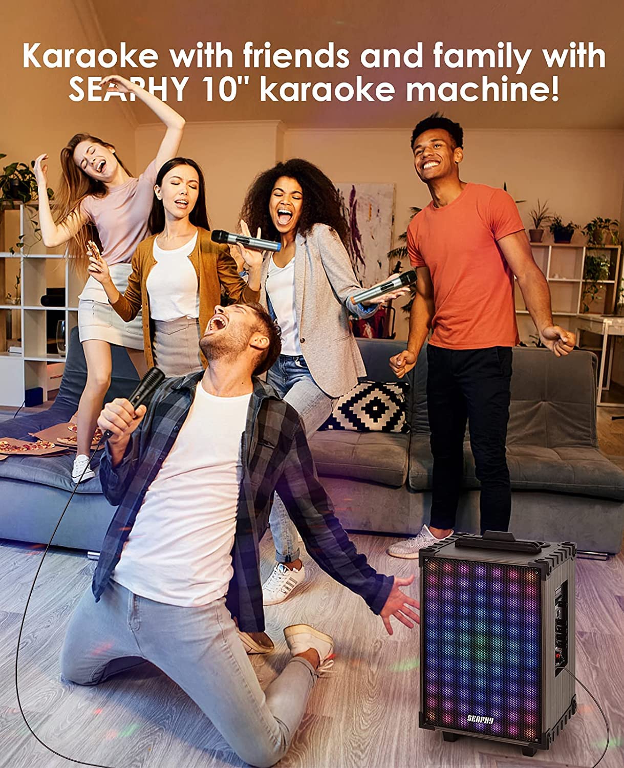 Karaoke Machine for Adults and Kids, SEAPHY DJ Lights 10'' Wooden Woofer BT Connectivity Wireless PA Speaker System with 3 Handheld Microphones for Party/Meeting/Performance Cool Disco Light