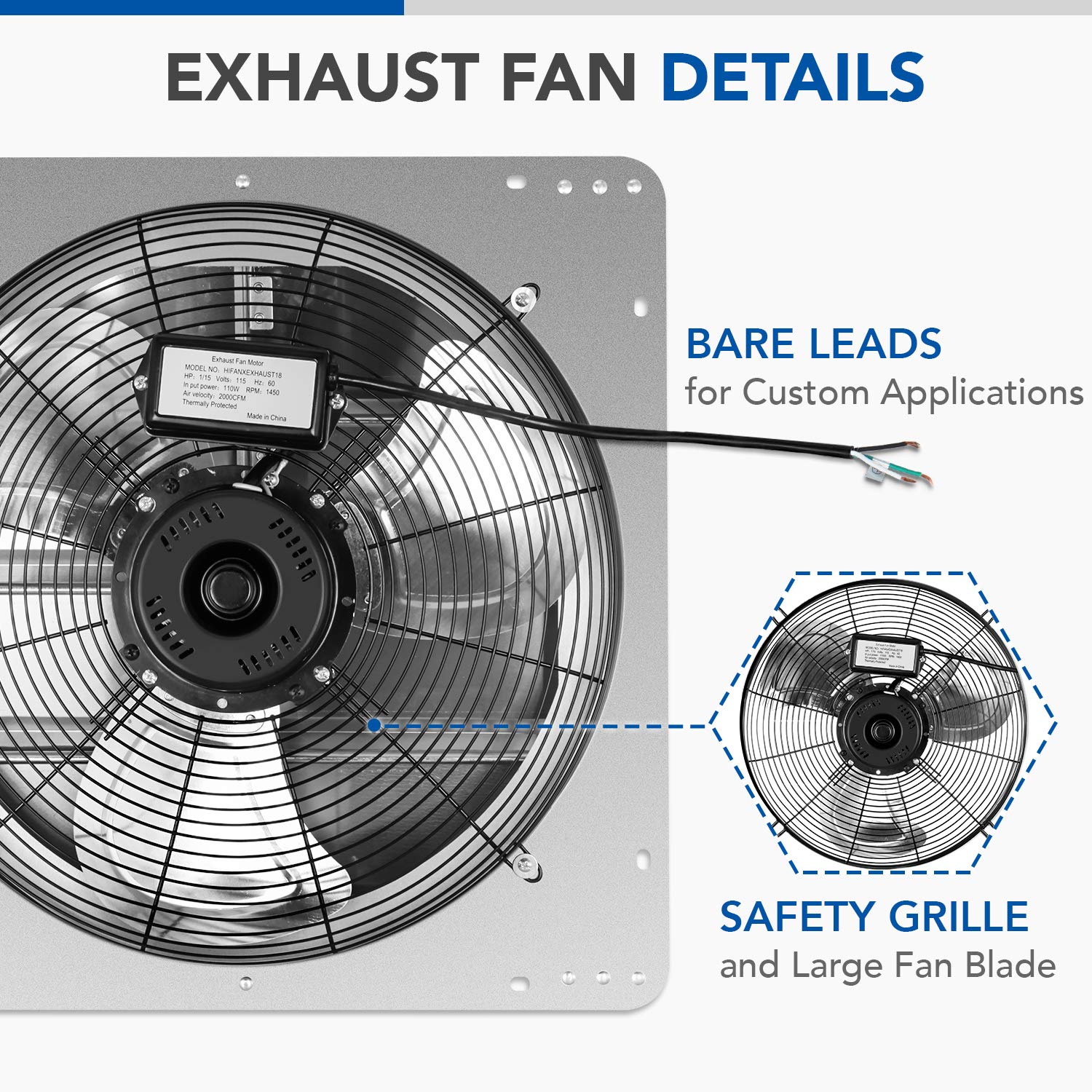 iPower 18 Inch Shutter Exhaust Fan Aluminum,High Speed 1450 RPM, 2600 CFM, 1-Pack, 21.3"D x 21.3"W x 9"H, Silver