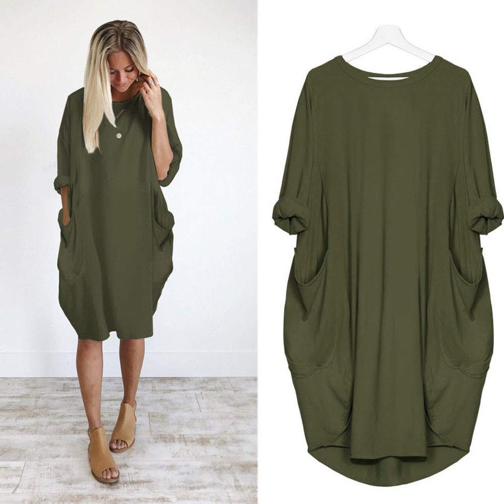 Hotkey Women's Autumn Winter New Loose Letter Print Long Sleeve Pocket Pullover Keen Length Dress Army Green